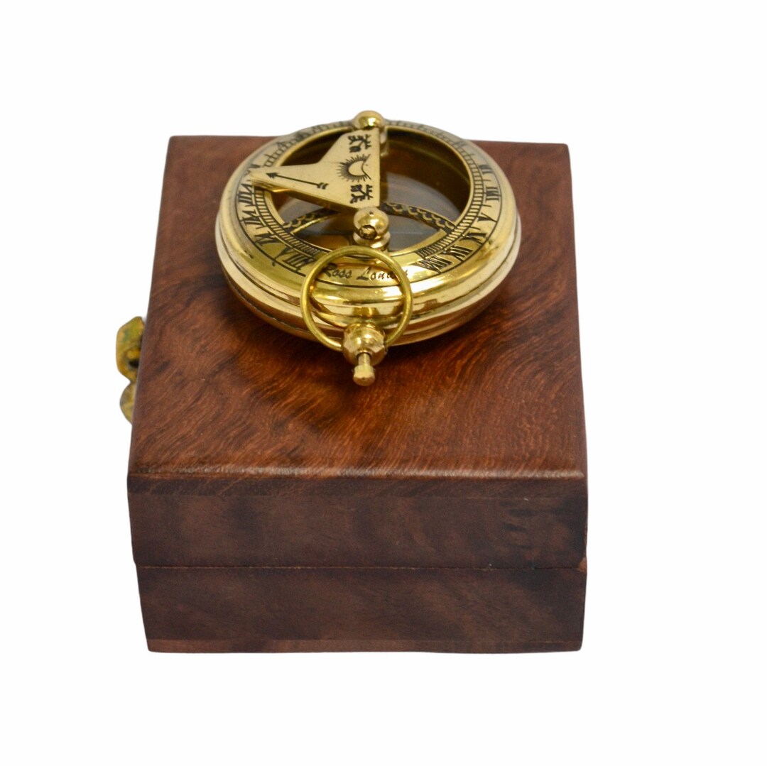 2" Pocket Sundial Compass in a Wood Box ( Brass, Bronze, Chrome , Black ...