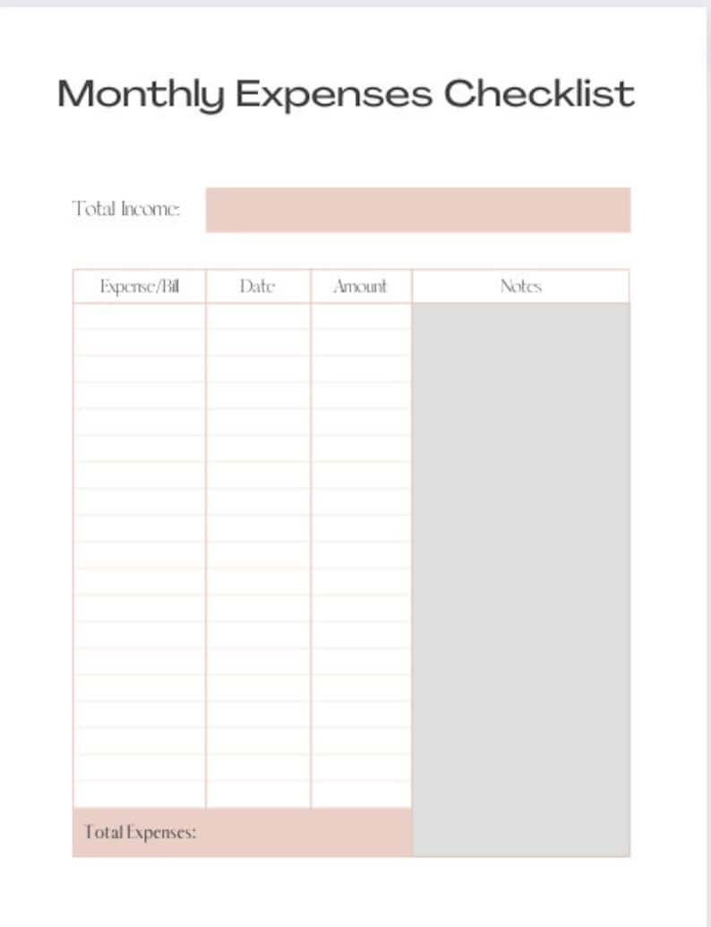 Monthly Expenses Checklist, Monthly Expenses Planner, Printable ...