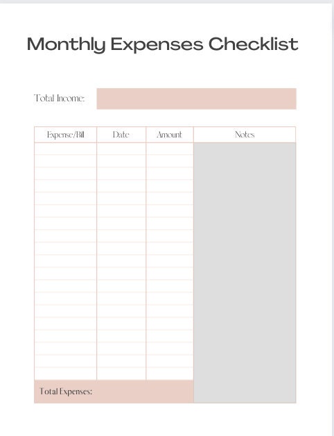 Monthly Expenses Checklist, Monthly Expenses Planner, Printable ...