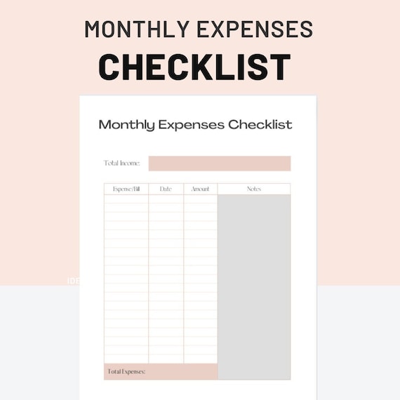 Monthly Expenses Checklist Monthly Expenses Planner - Etsy