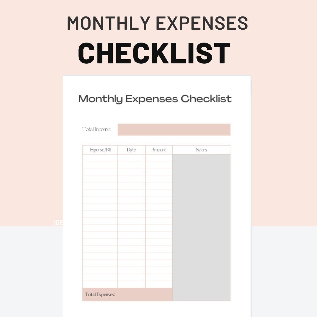 Monthly Expenses Checklist, Monthly Expenses Planner, Printable ...