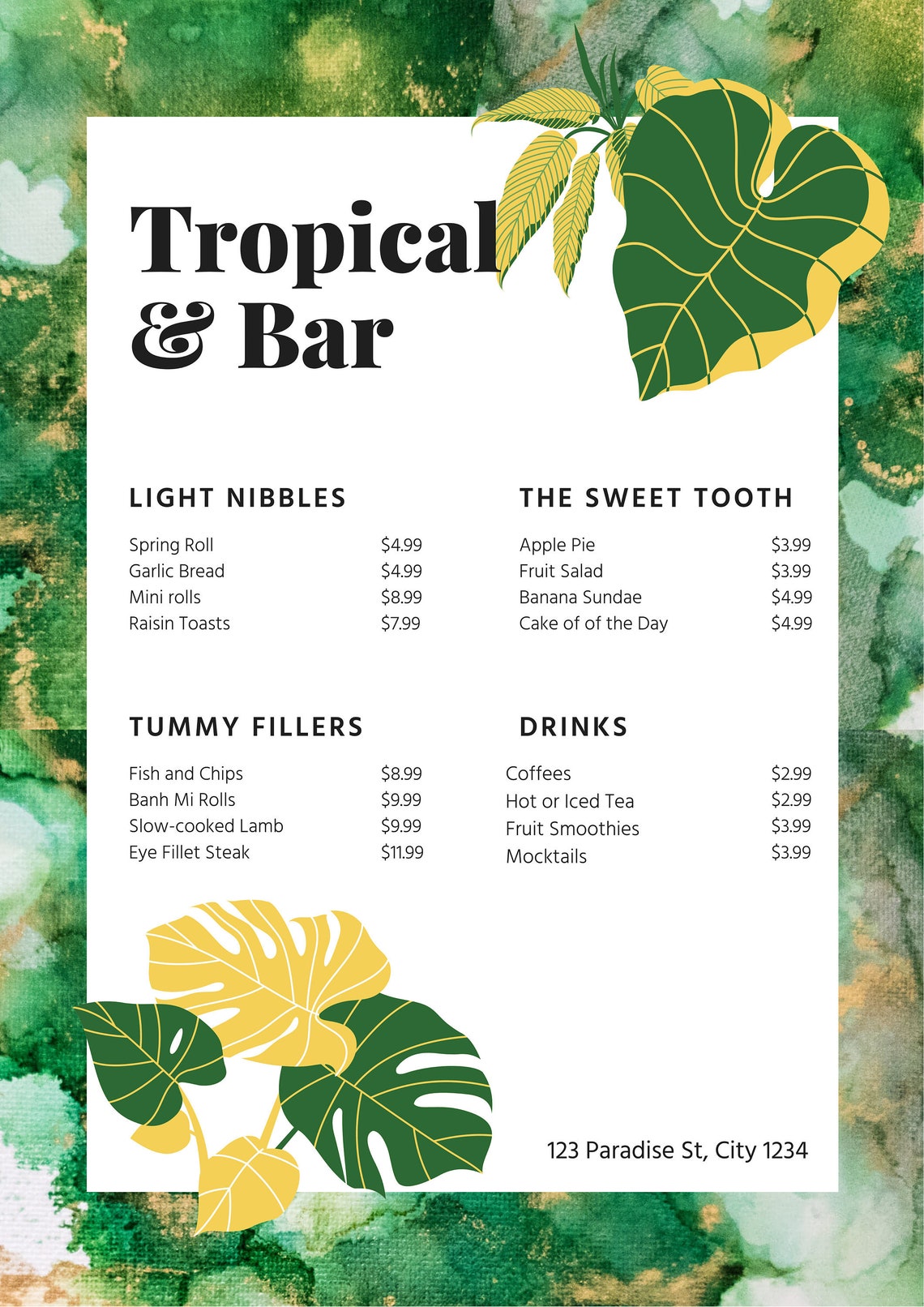 Restaurant Menu | Cafe Menu | Bar Menu | Botanical Leaves Food Menu | 3 ...