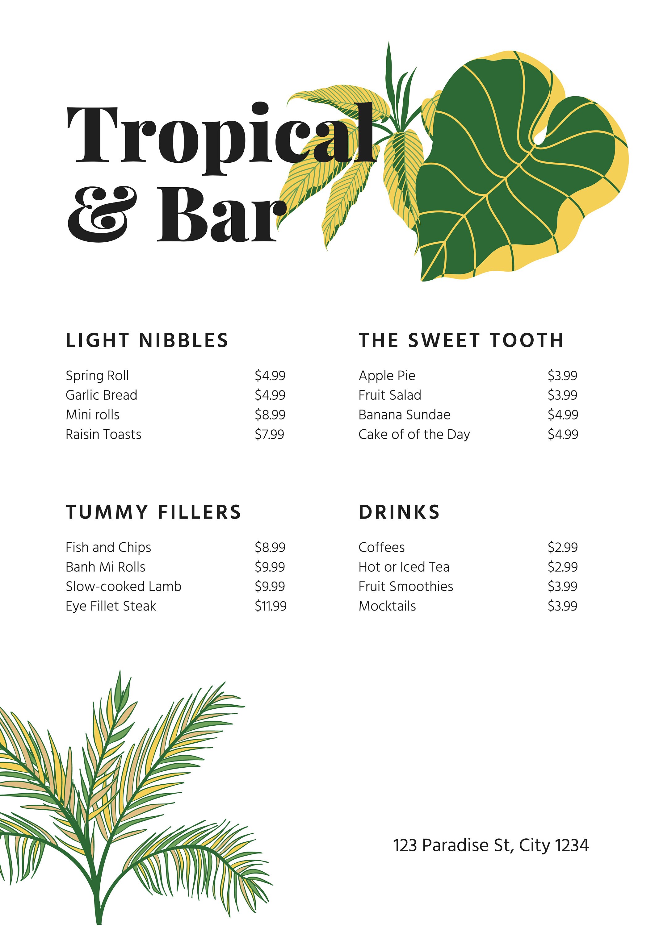 Restaurant Menu | Cafe Menu | Bar Menu | Botanical Leaves Food Menu | 3 ...