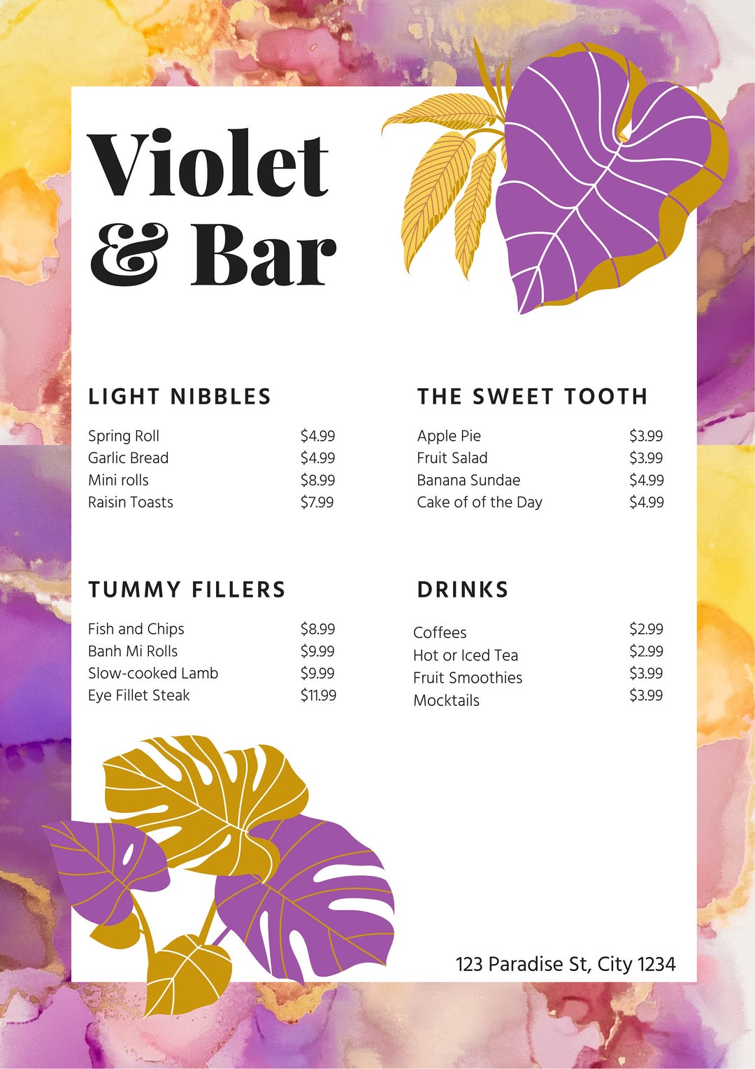 Restaurant Menu | Cafe Menu | Bar Menu | Botanical Leaves Food Menu | 3 ...