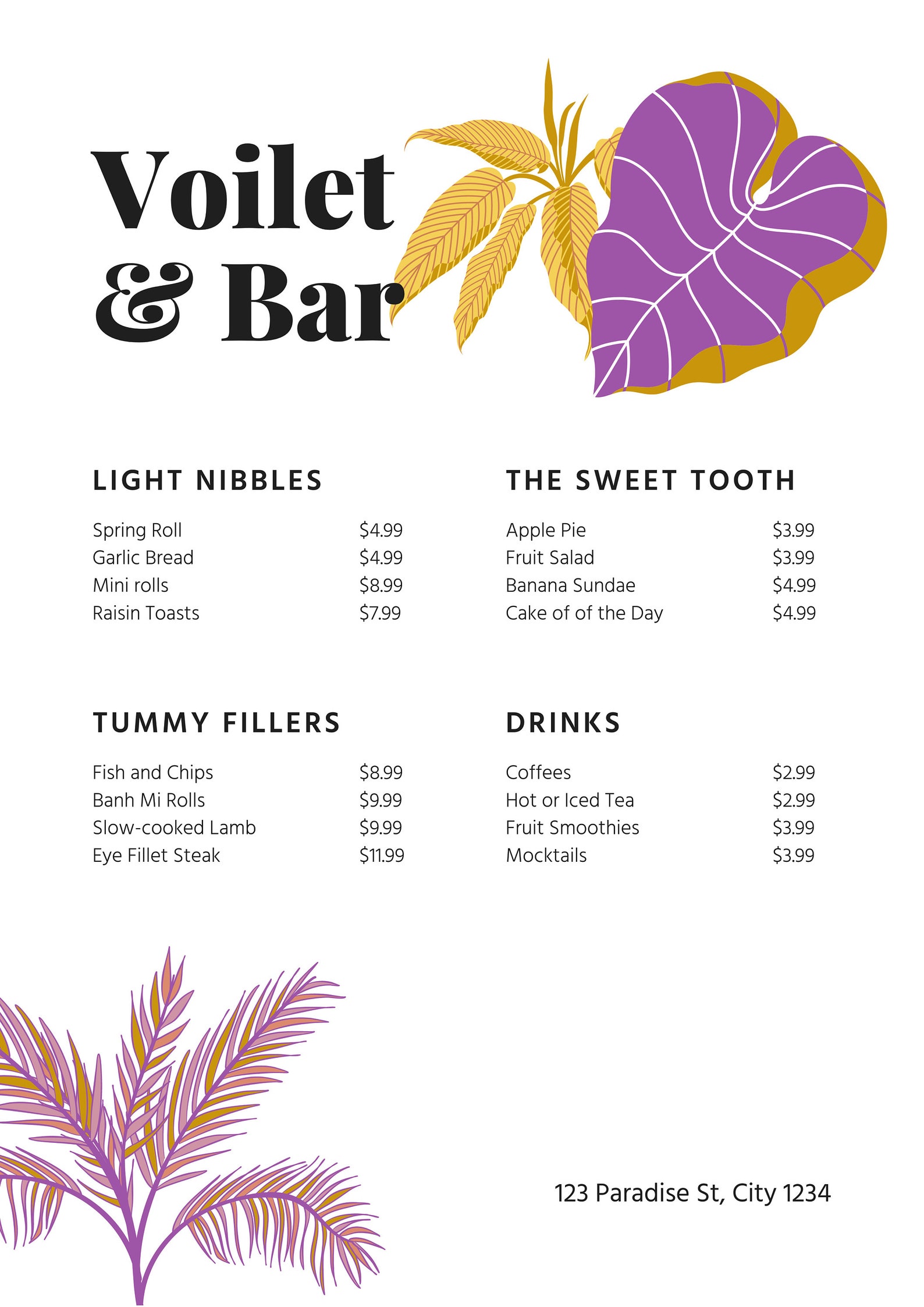 Restaurant Menu | Cafe Menu | Bar Menu | Botanical Leaves Food Menu | 3 ...