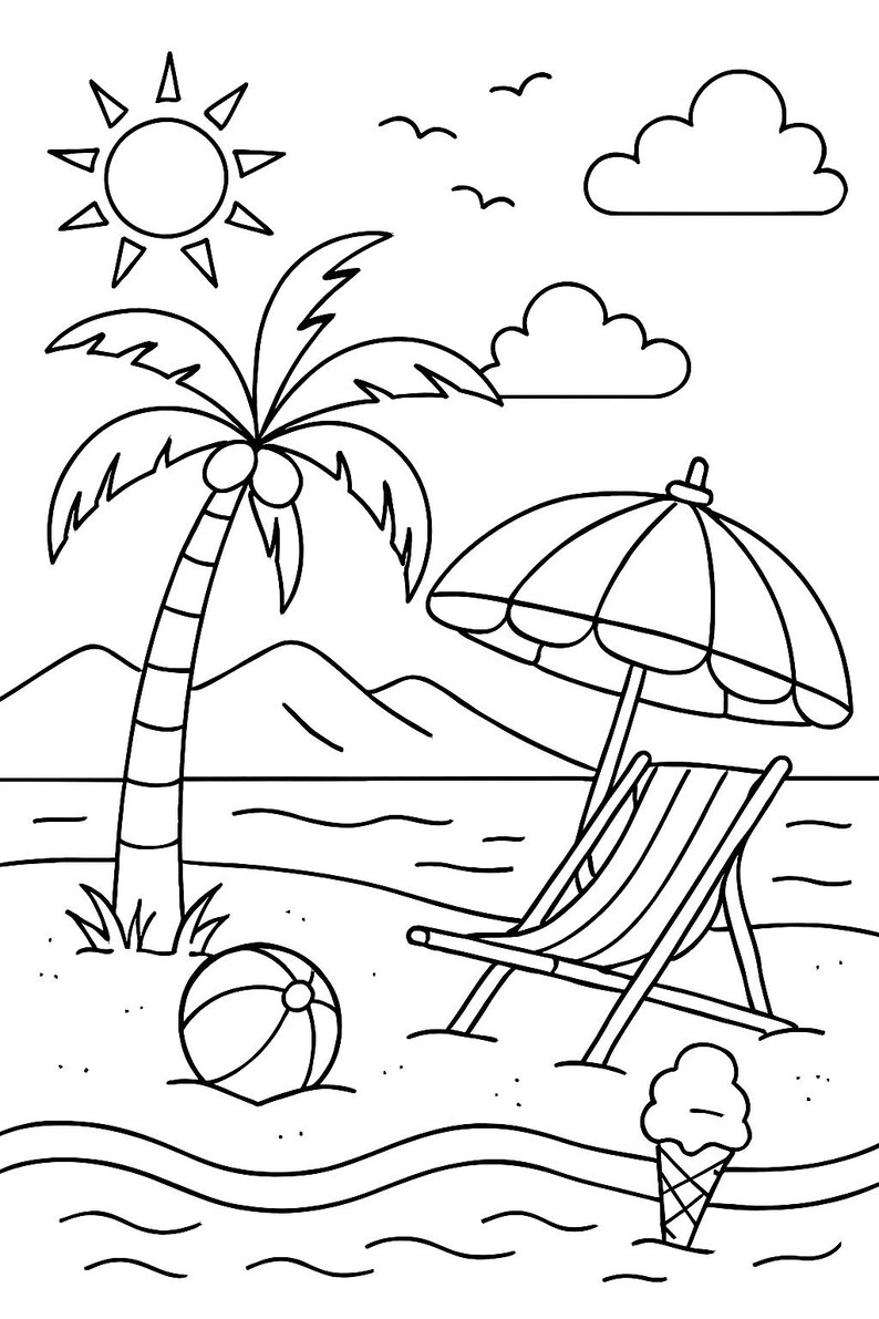 6 Summer Coloring Pages - Printable Beach and Ocean-themed Coloring ...