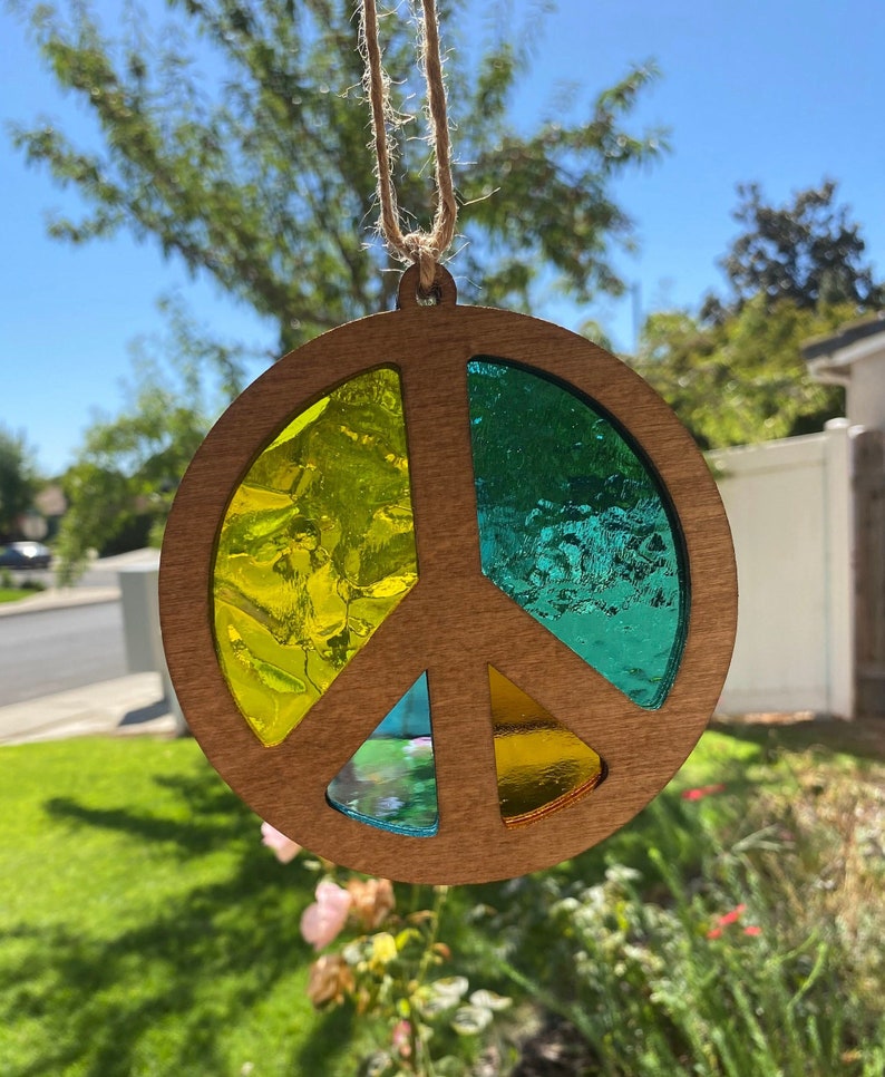 PEACE SIGN Stained Glass in Laser Cut Wood Frame 5 Inch Wall Hanging ...