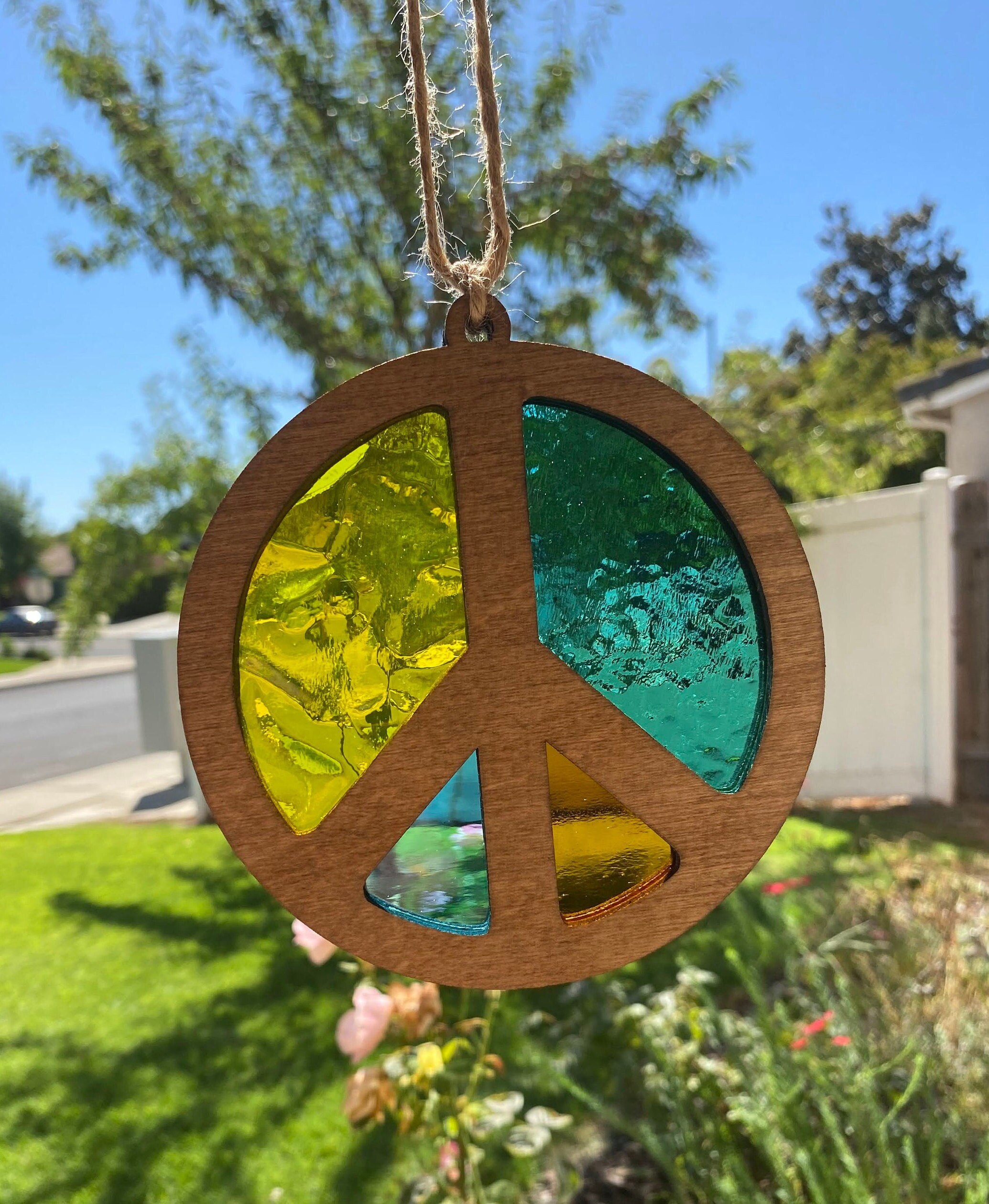 PEACE SIGN Stained Glass in Laser Cut Wood Frame 5 Inch Wall Hanging ...