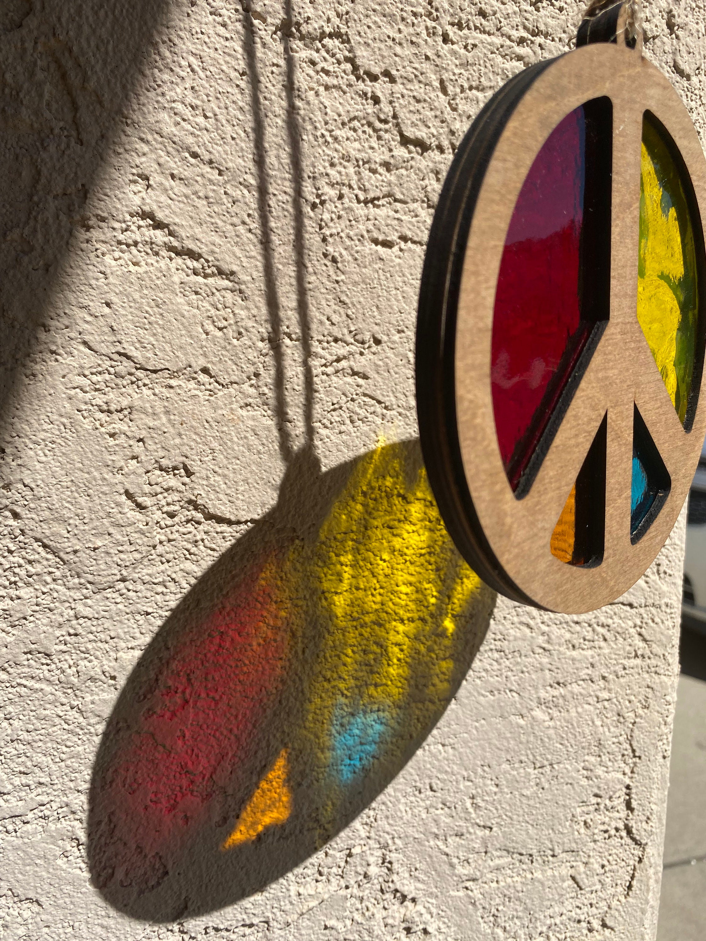 PEACE SIGN Stained Glass in Laser Cut Wood Frame 5 Inch Wall Hanging ...