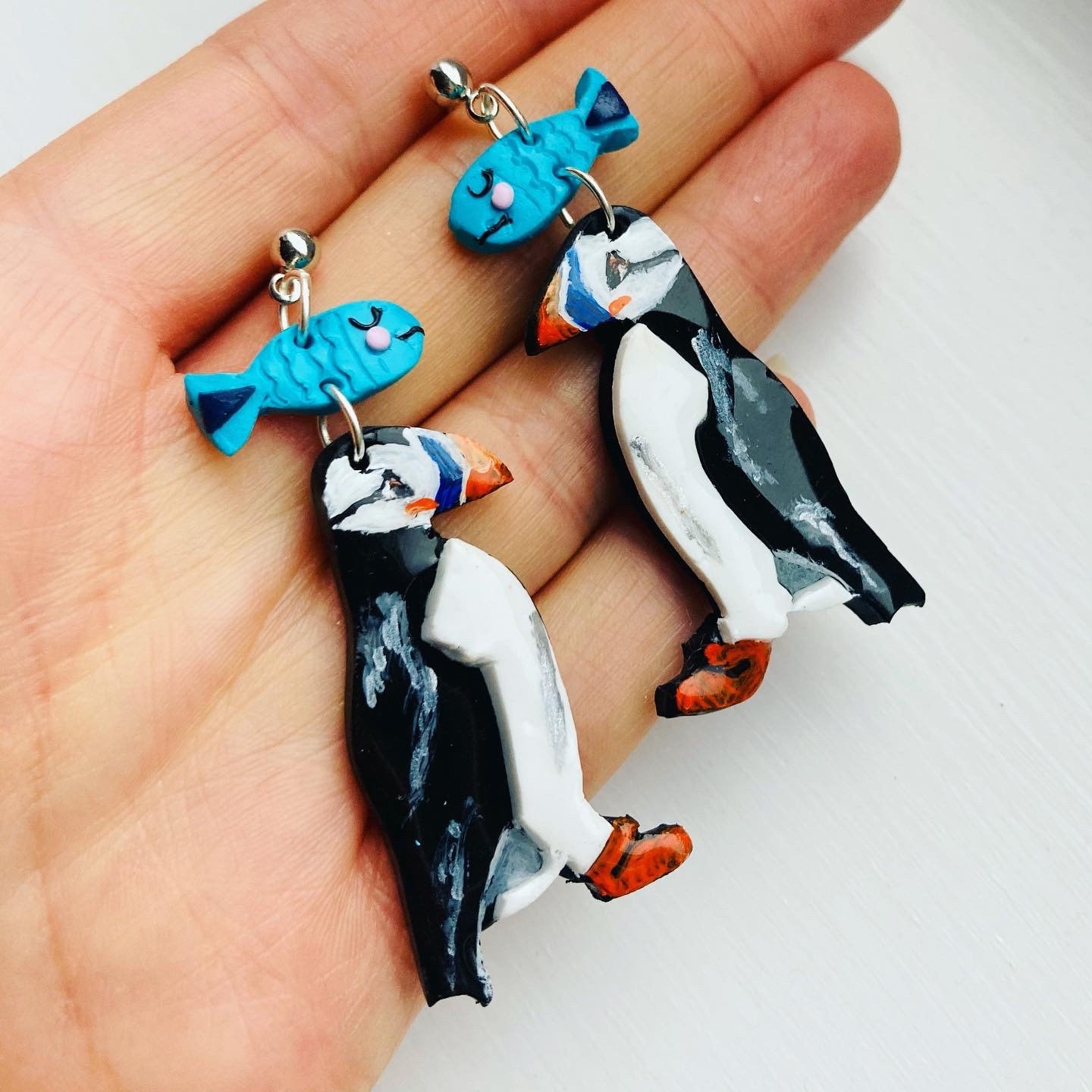 Polymer clay earrings// puffin earrings// animal earrings// | Etsy