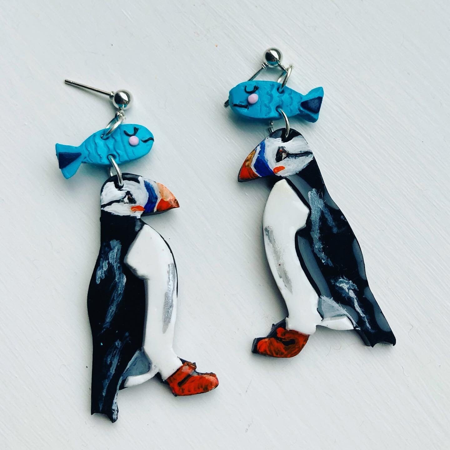 Polymer clay earrings// puffin earrings// animal earrings// | Etsy