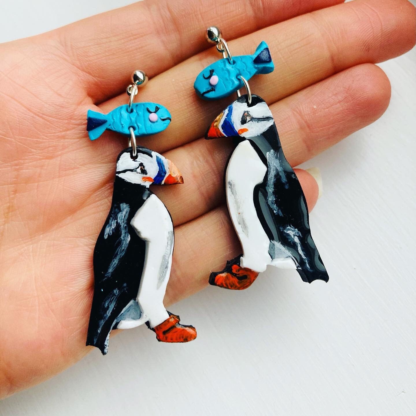 Polymer clay earrings// puffin earrings// animal earrings// | Etsy