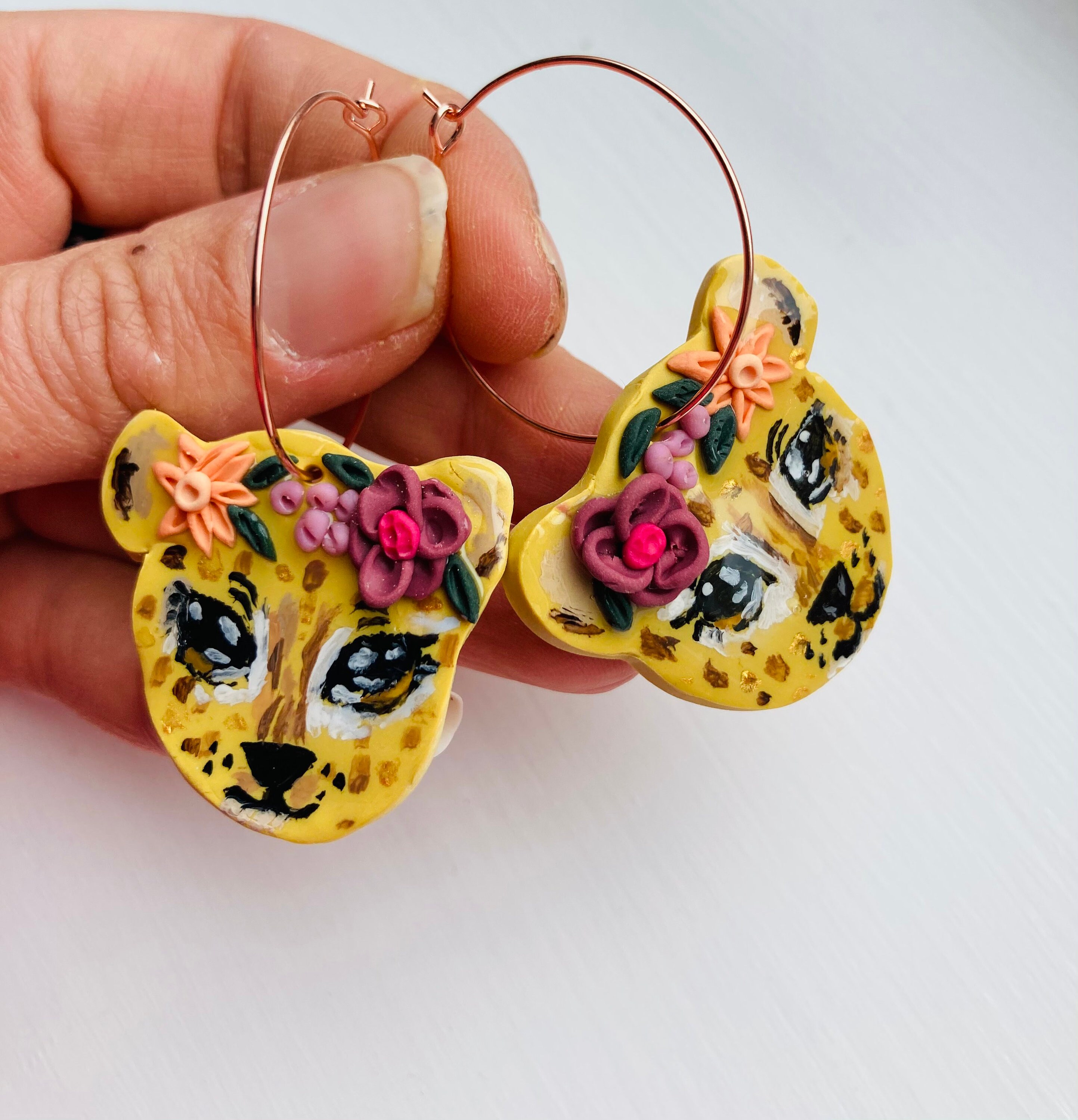 Leopard earrings// clay leopard earrings// flower earrings// | Etsy