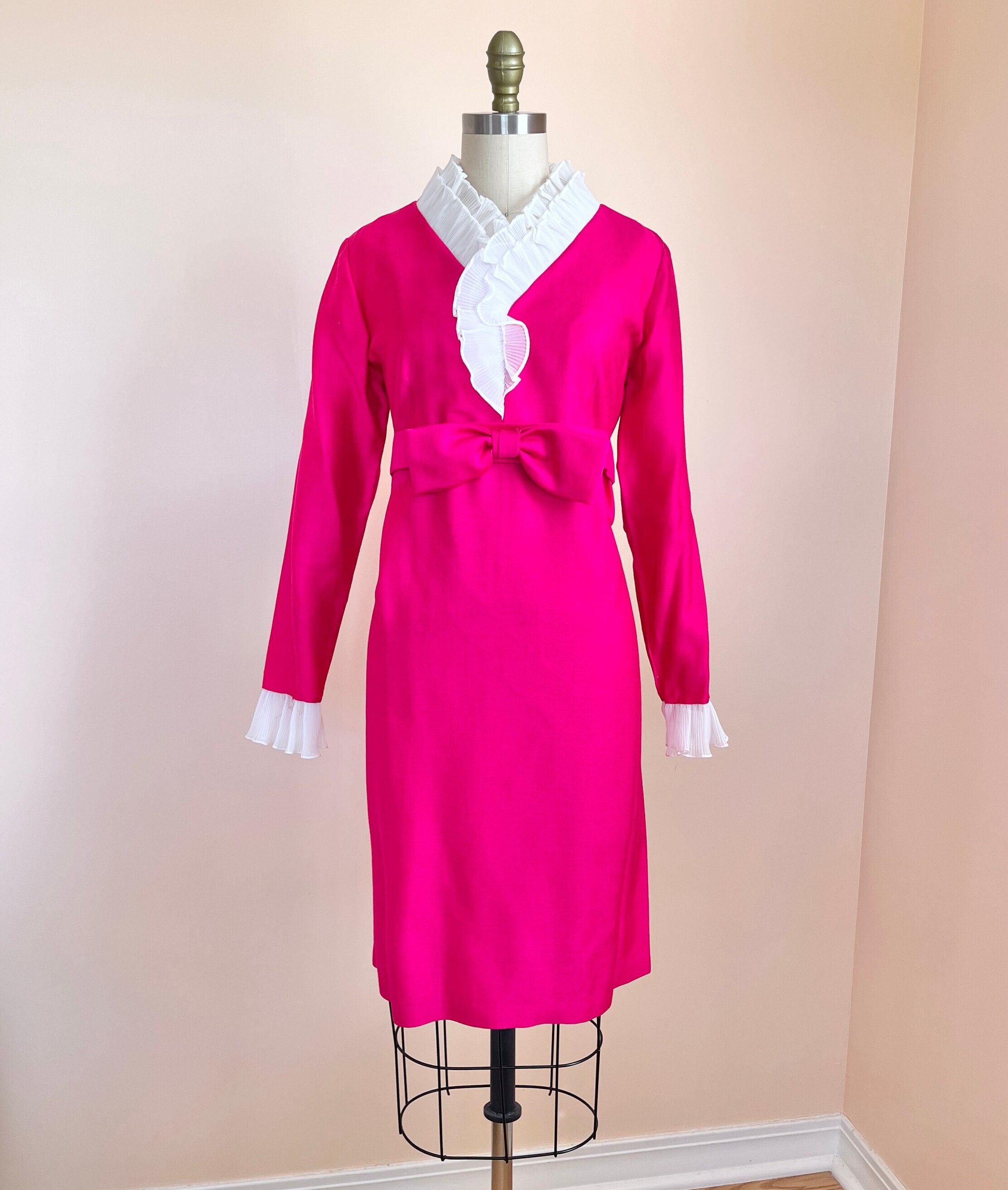 1960's Toni Lynn Maternity Dress Hot Pink Dress Ruffled Collar Belt ...