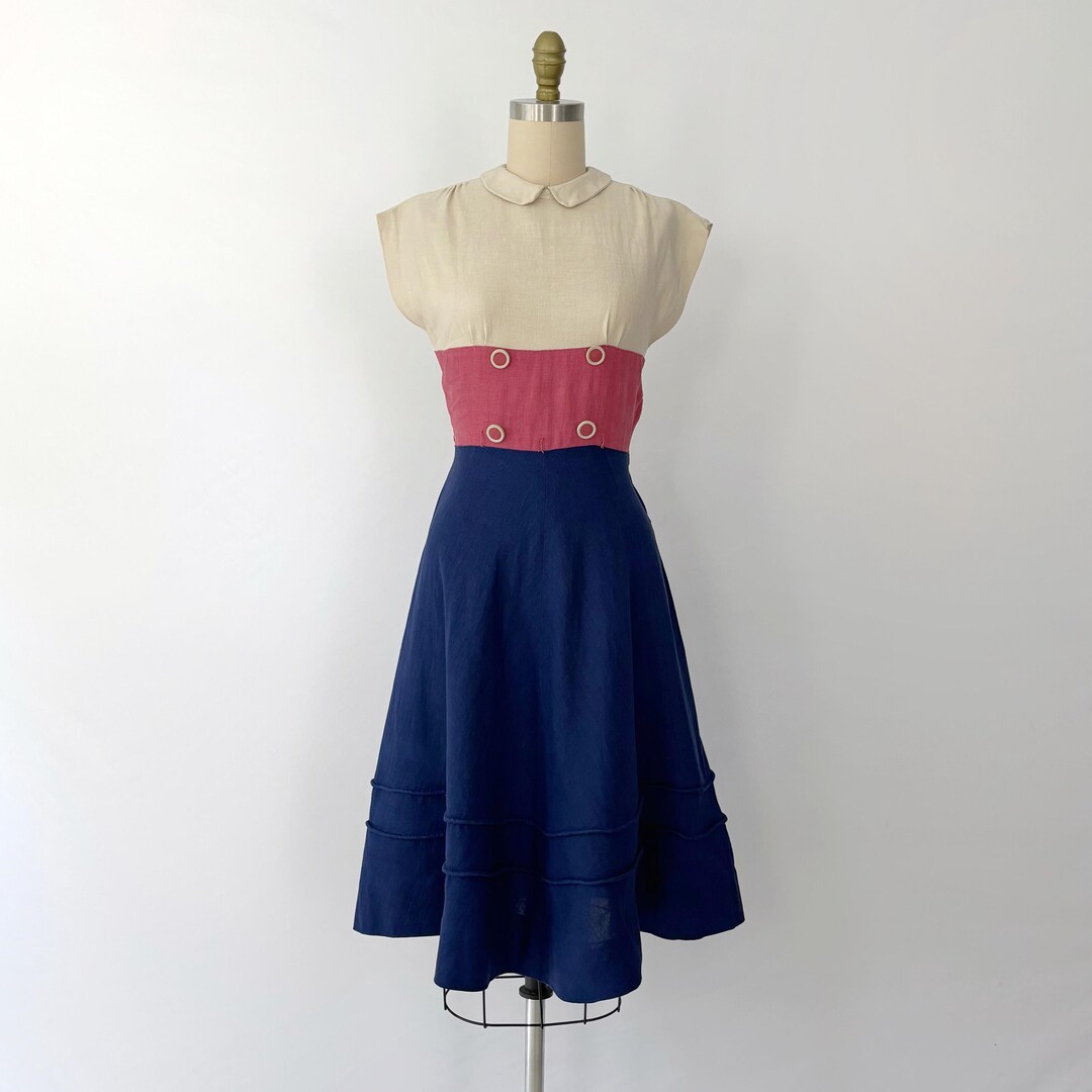 1940s Day Dress - Size 0-2 XS - Sailor Style Color-block A-line Dress ...