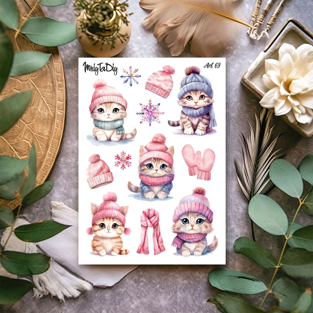 Sticker Sheet Art 69. Kawaii Cute Kittens in Hats, Bullet Journal ...