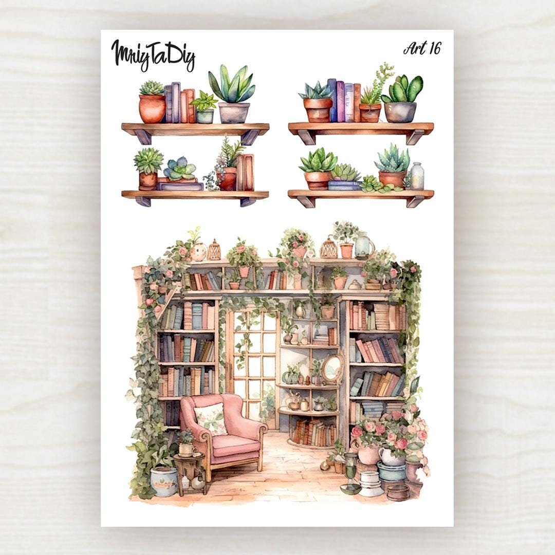 Cozy Library Sticker Sheet: Bookshelf, Reading Nook | for Scrapbooking ...