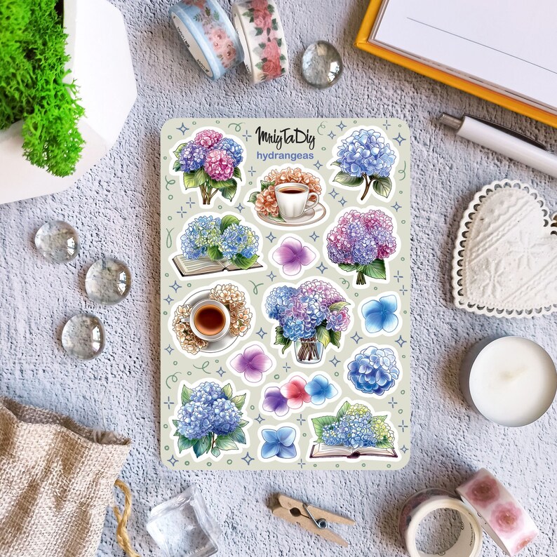 Hydrangea Stickers – Pastel Floral Sticker Sheet With Hydrangeas, Tea ...