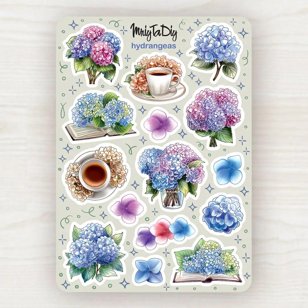Hydrangea Stickers – Pastel Floral Sticker Sheet With Hydrangeas, Tea ...