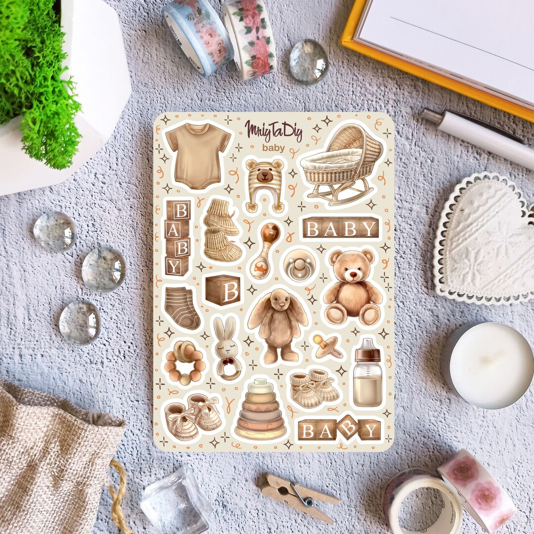 Sticker Sheet – Baby. Сhild, Newborn, Pacifier, Toy Bear, Rattle ...