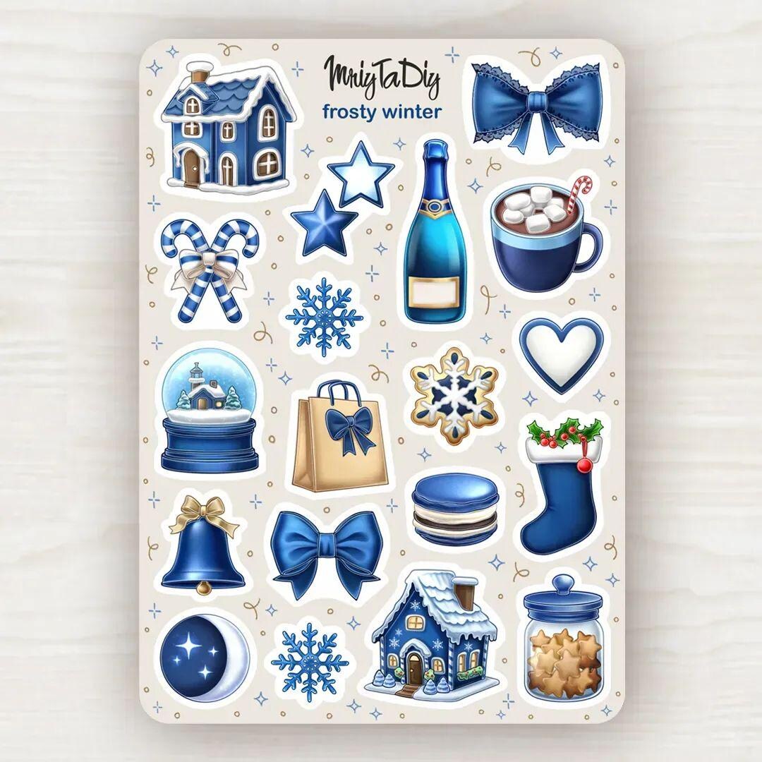 Frosty Winter Stickers - Blue Christmas Houses, Snowflakes and Cocoa ...