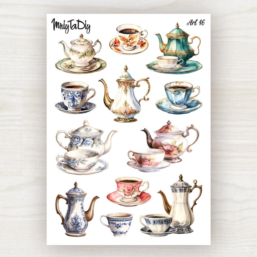 Vintage Teacup and Teapot Stickers: Floral Tea Set. for Scrapbooking ...