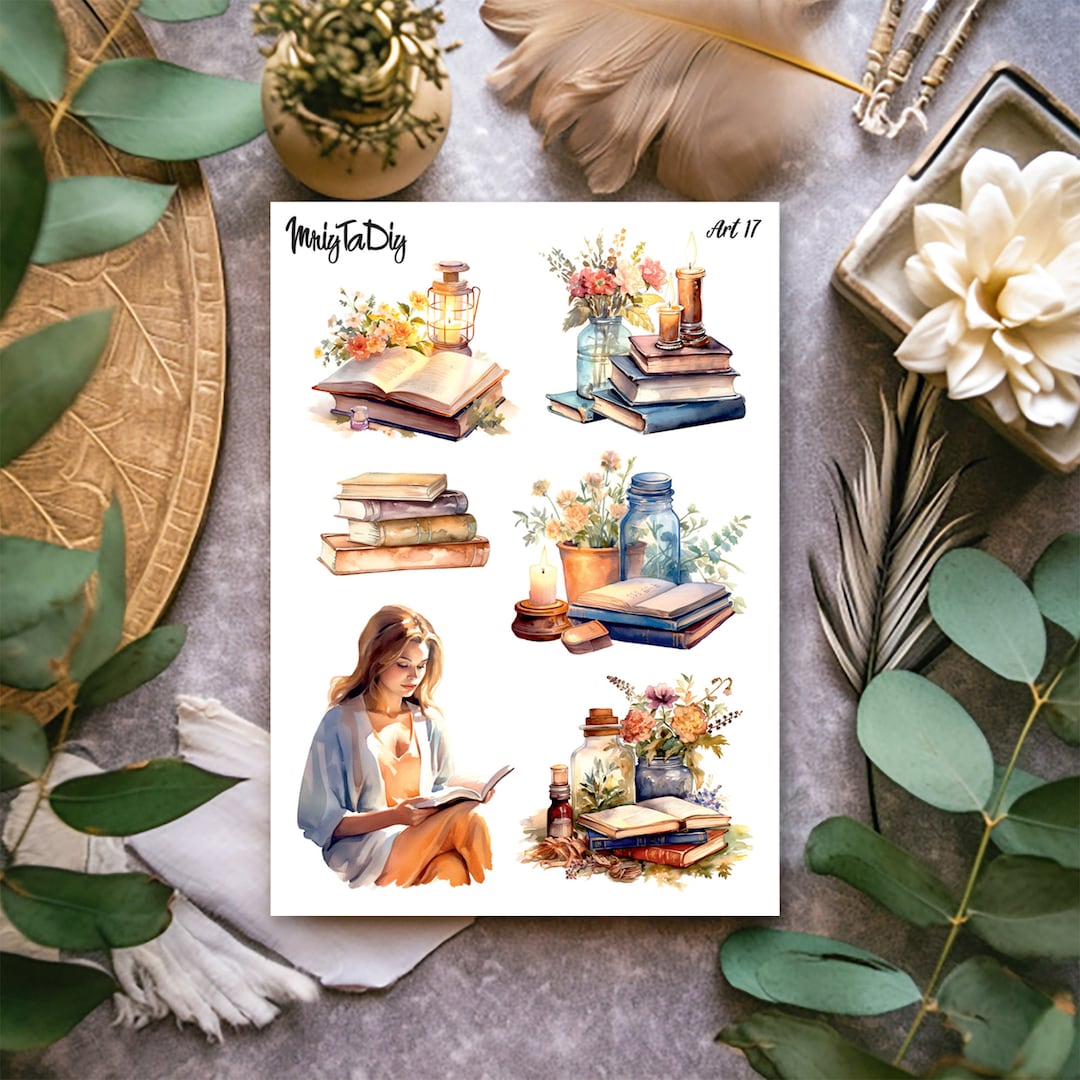 Sticker Sheet Art 17. Reading, Books, Bullet Journal Stickers, Planner ...