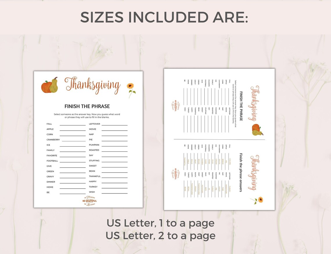 PRINTABLE Thanksgiving Party Game FINISH the PHRASE 2 Print Options ...