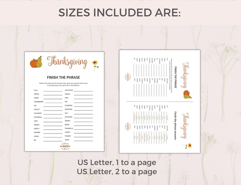 PRINTABLE Thanksgiving Party Game FINISH the PHRASE 2 Print Options ...