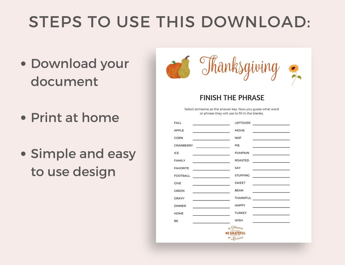 PRINTABLE Thanksgiving Party Game FINISH the PHRASE 2 Print Options ...