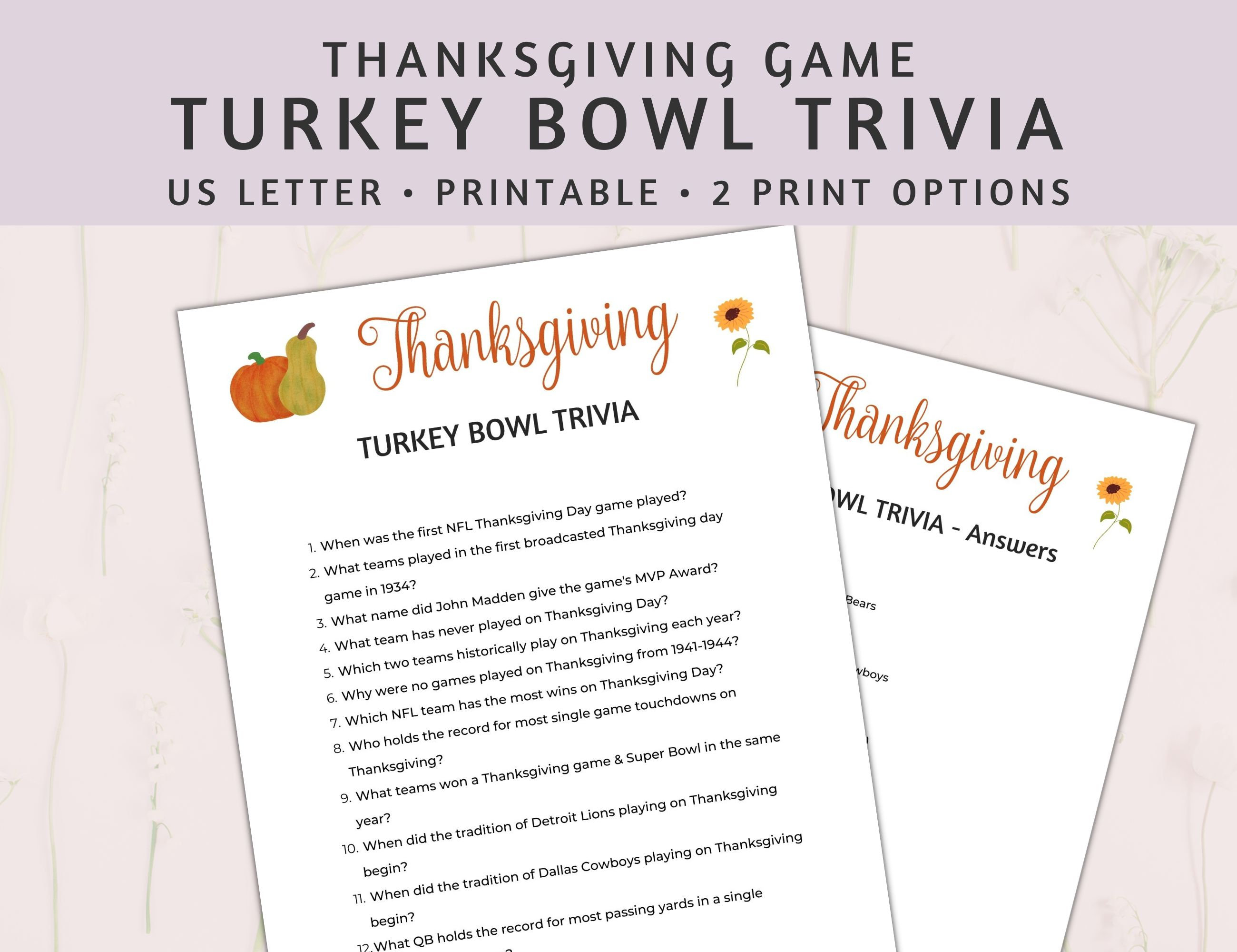 PRINTABLE Thanksgiving Party Game TURKEY BOWL Trivia 2 Print Options ...