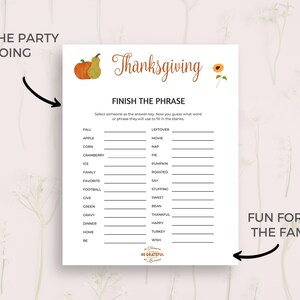 PRINTABLE Thanksgiving Party Game FINISH the PHRASE 2 Print Options ...
