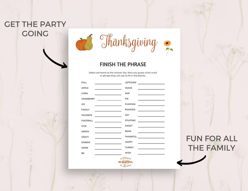 PRINTABLE Thanksgiving Party Game FINISH the PHRASE 2 Print Options ...