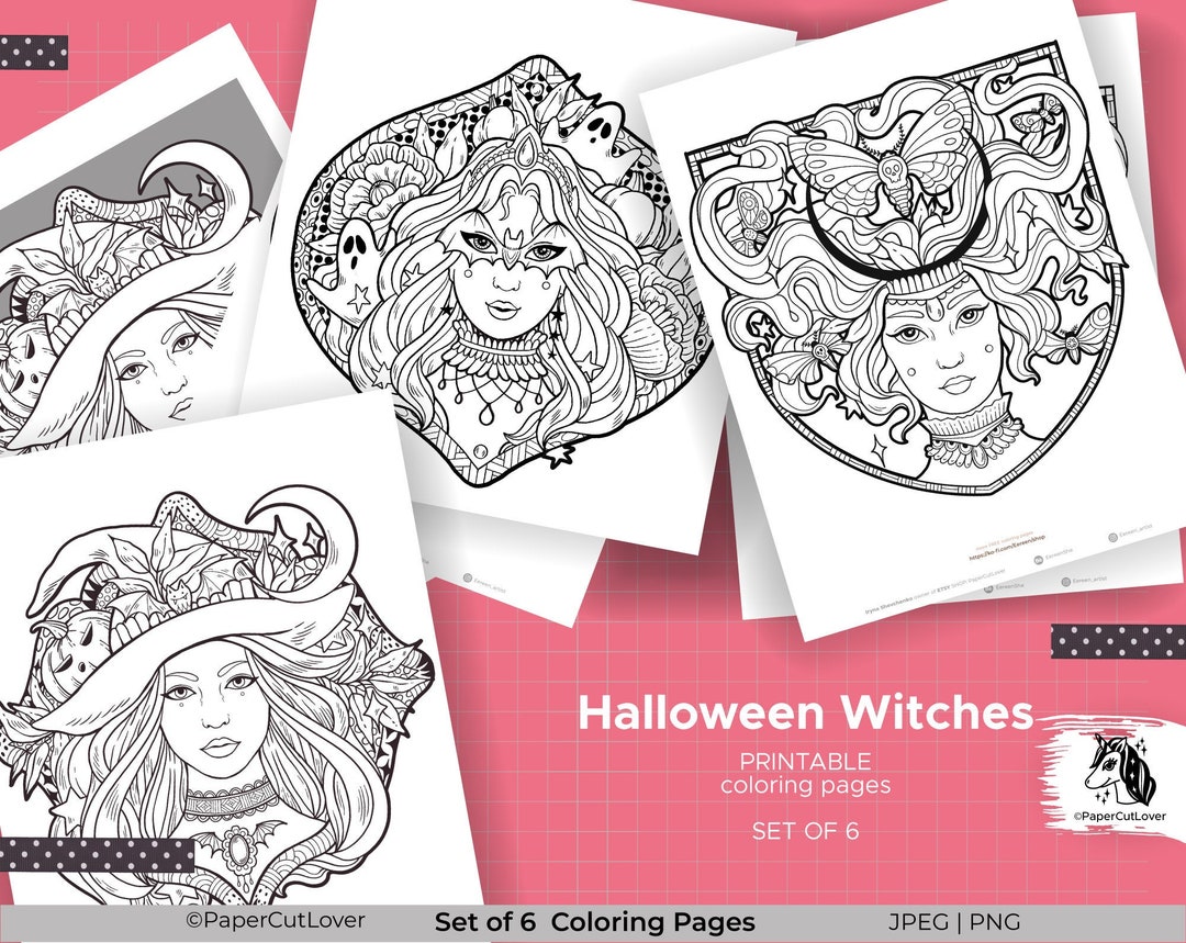 Halloween Witches Coloring Sheets Printable Coloring Pages Set of 6 ...