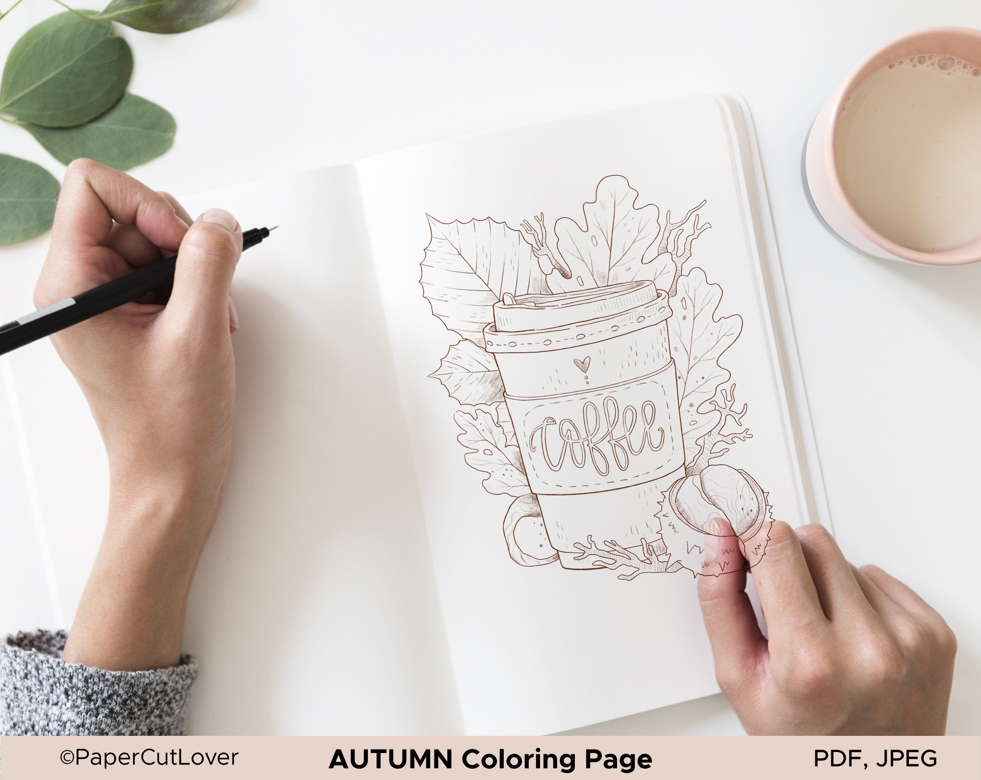 Autumn Coloring Page, Autumn Coffee Cup, Prinable Coloring Sheets ...