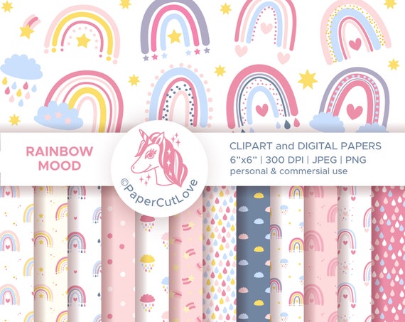 Digital Rainbow Clipart PNG Rainbow Nursery Digital Paper | Etsy