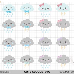 32 Cute Cloud With Bow Svg Cloud Mood PNG Colorful Rain Drops Baby ...