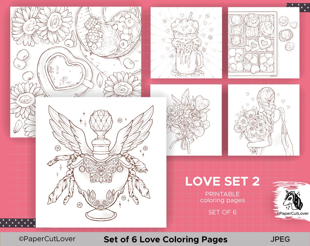 Valentines Day Printable Coloring Pages Set of 6, Adult Coloring Sheets ...