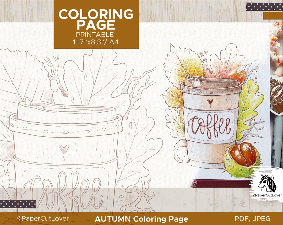 Autumn Coloring Page, Autumn Coffee Cup, Prinable Coloring Sheets ...