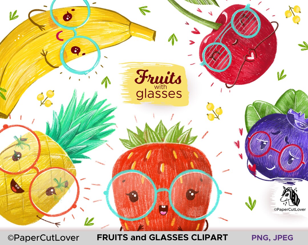 Fruit Clipart PNG | Kawaii Fruit Clipart | Banana, Strawberry, Cherry ...