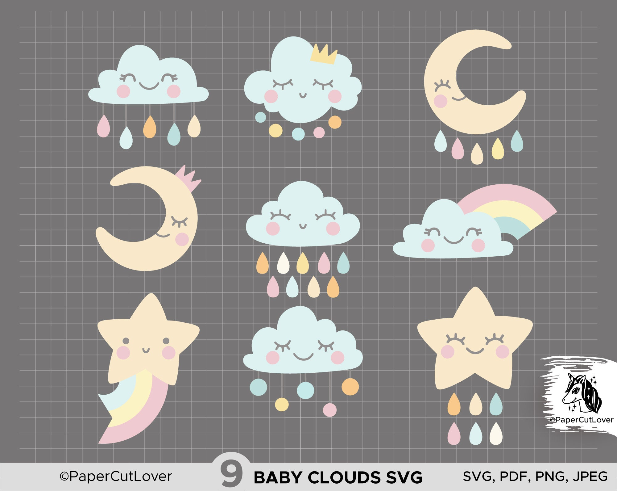 Baby Cloud Moon Svg Baby Star Svg Colorful Rain Drops Svg Baby Shower ...