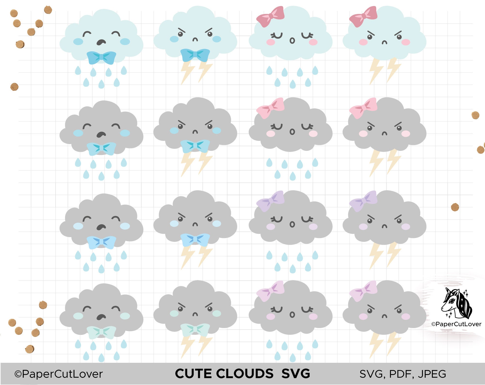 32 Cute Cloud With Bow Svg Cloud Mood PNG Colorful Rain Drops Baby ...