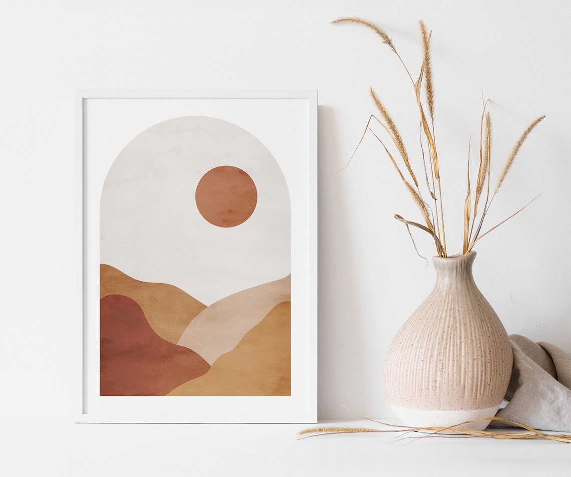 Boho Sunset Landscape, Boho Mid Century Wall Art Arch Print, Neutral ...