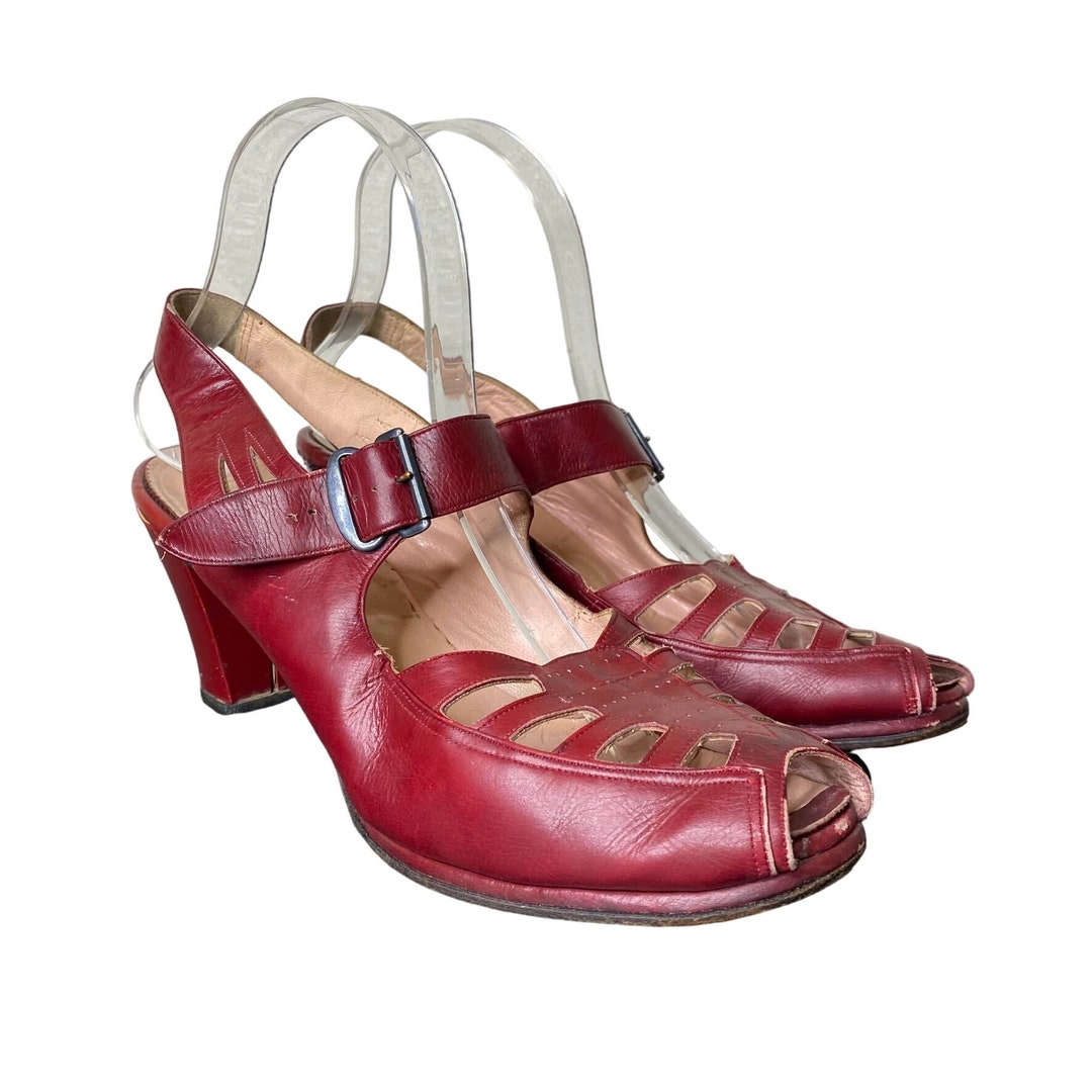 Vintage 40s Oxblood Red Leather Peep-toe Heeled Sandals, Selby Brand ...