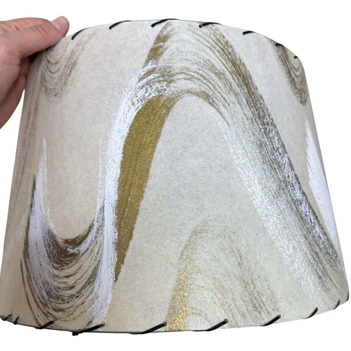 Vintage MCM Fiberglass Barrel Lampshade, Gold Swirls, Saddle Stitch ...