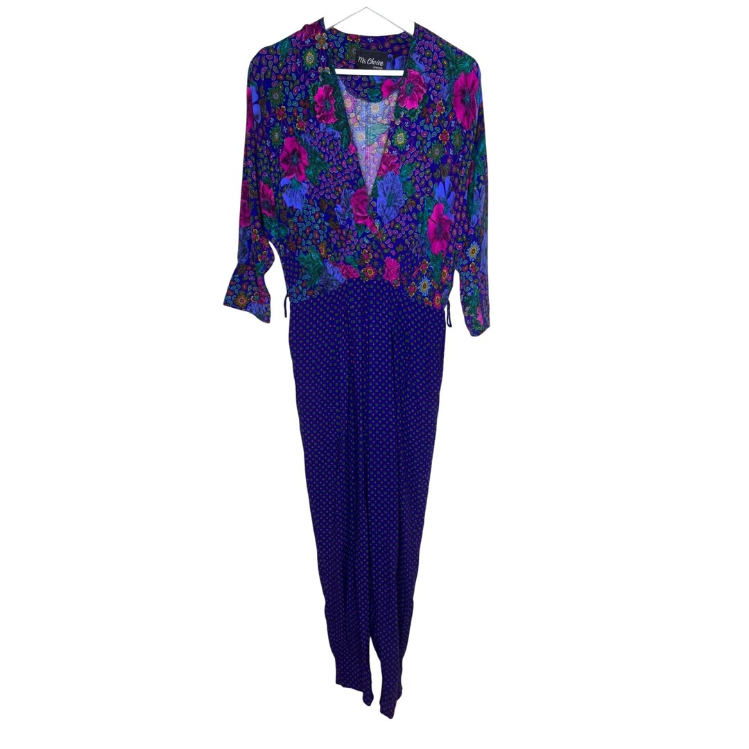 Vintage 80s Blue & Pink Floral Print Polka Dot Jumpsuit, Long Sleeve ...