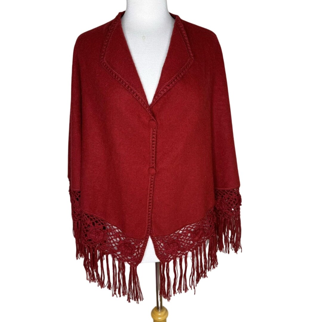 Red Alpaca Wool Fringed Cape Shawl With Floral Crochet Trim, Made in ...