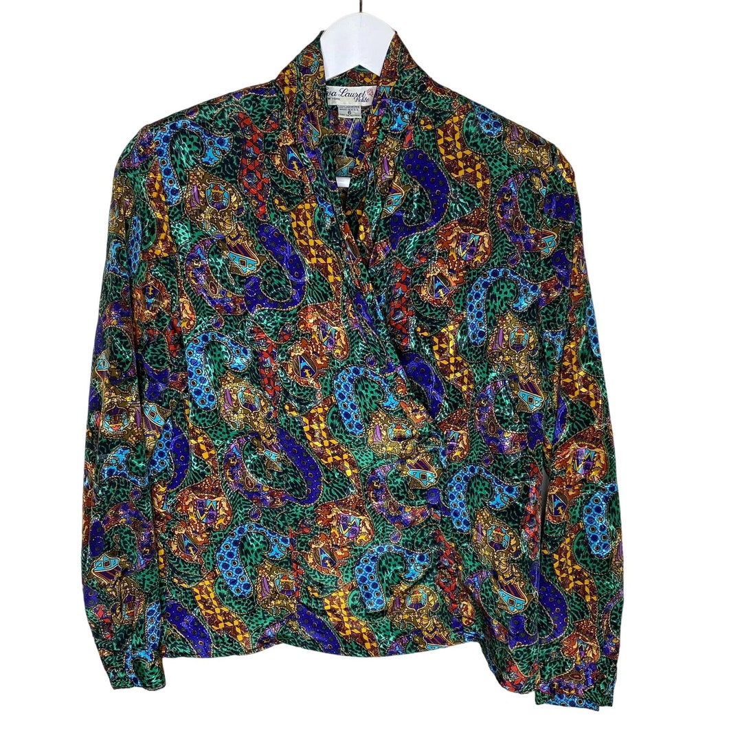 Vintage 70s Colorful Paisley Print High-neck Wrap Blouse, Secretary ...