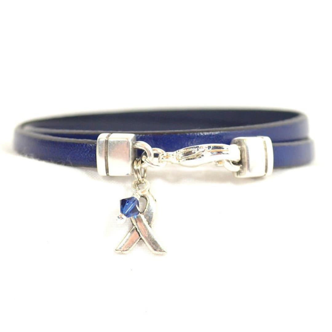 Colon Cancer Awareness Bracelet - Blue 5mm Flat Leather Double Wrap ...