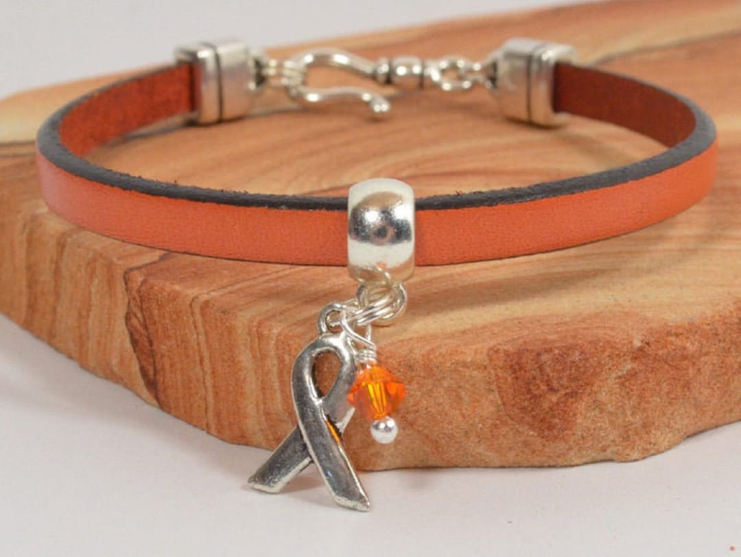 Kidney Cancer Awareness Bracelet - Orange 5mm Leather With Charm Holder ...